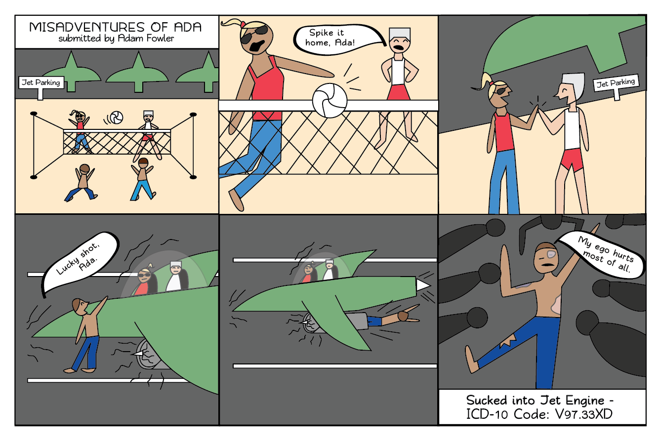 The Misadventures of Ada: ICD-10 Cartoon, "Jet Engine" V97.33XD